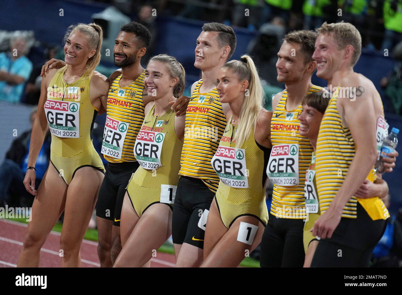 The German 4 X 400 meters relay teams pose together after competing ...