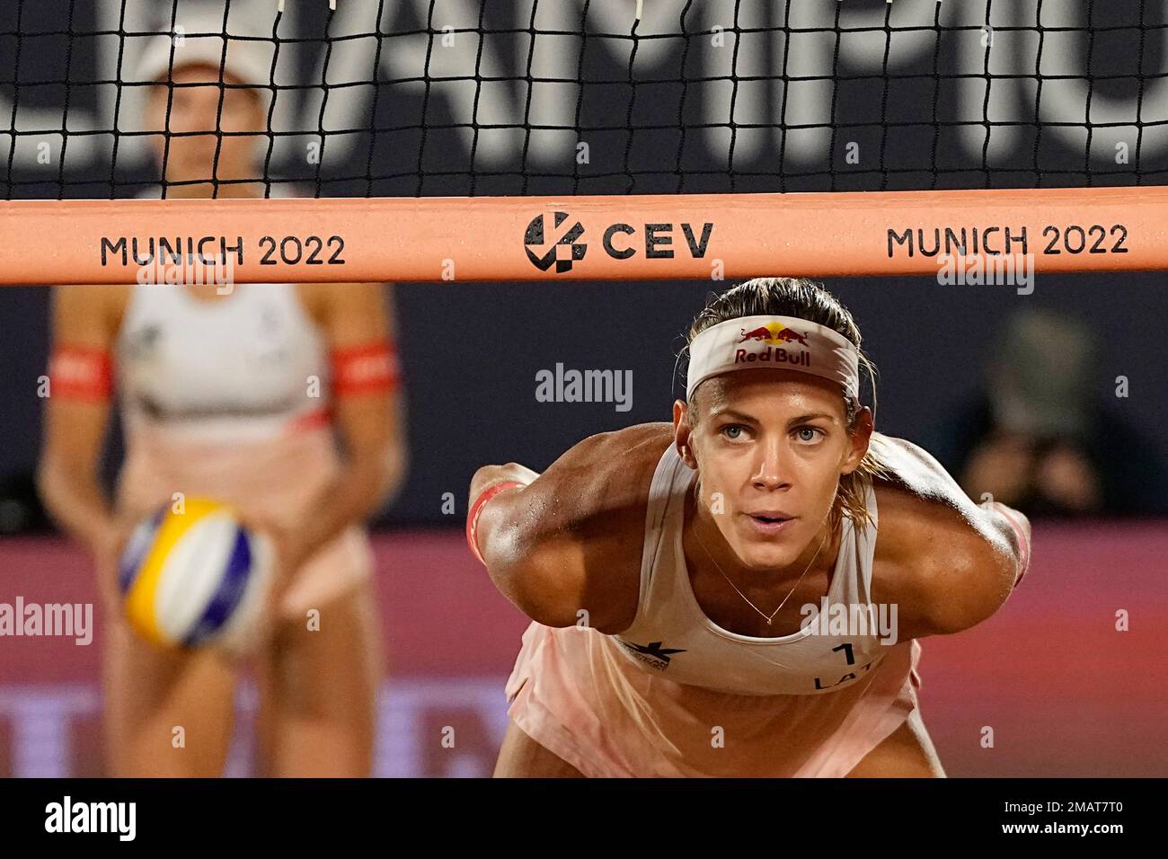 Latvia's Tina Graudina, right, and Anastasija Kravcenoka prepare to ...