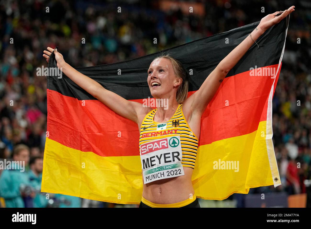 Lea Meyer, of Germany, celebrates after winning the silver medal in the ...