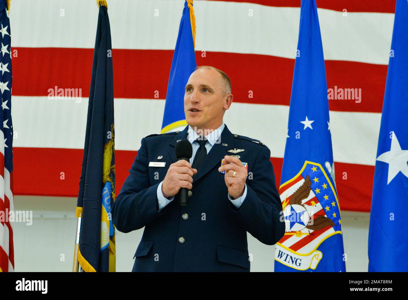 Col. Daniel J. Kramer II, 110th Wing commander, speaks during a 110th ...