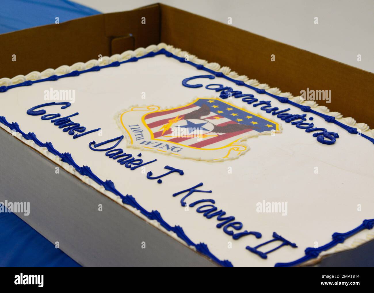 A cake sits on a table during a 110th Wing change of command ceremony ...