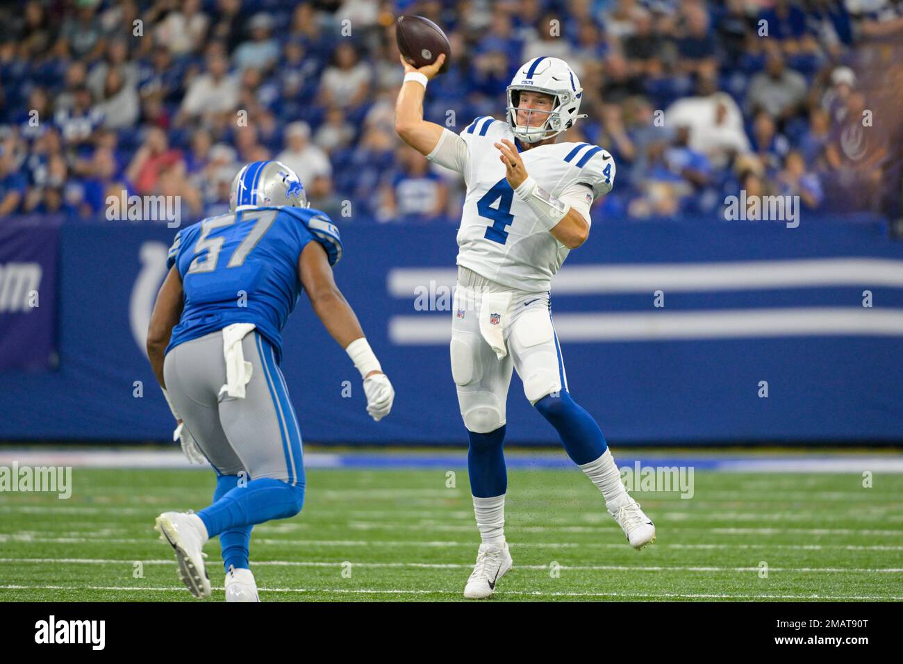 Indianapolis Colts quarterback Sam Ehlinger (4) throws over Detroit ...