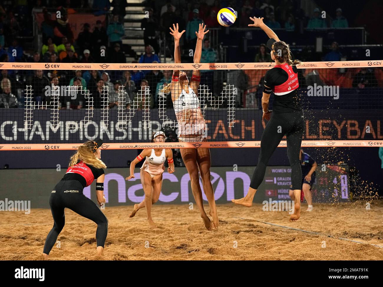 Switzerland's Tanja Huberli and Nina Brunner in action against Latvia's ...