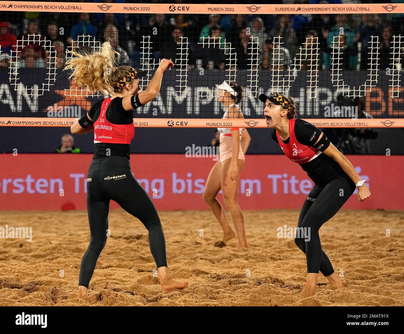 Switzerland's Tanja Huberli and Nina Brunner react during the Women's ...