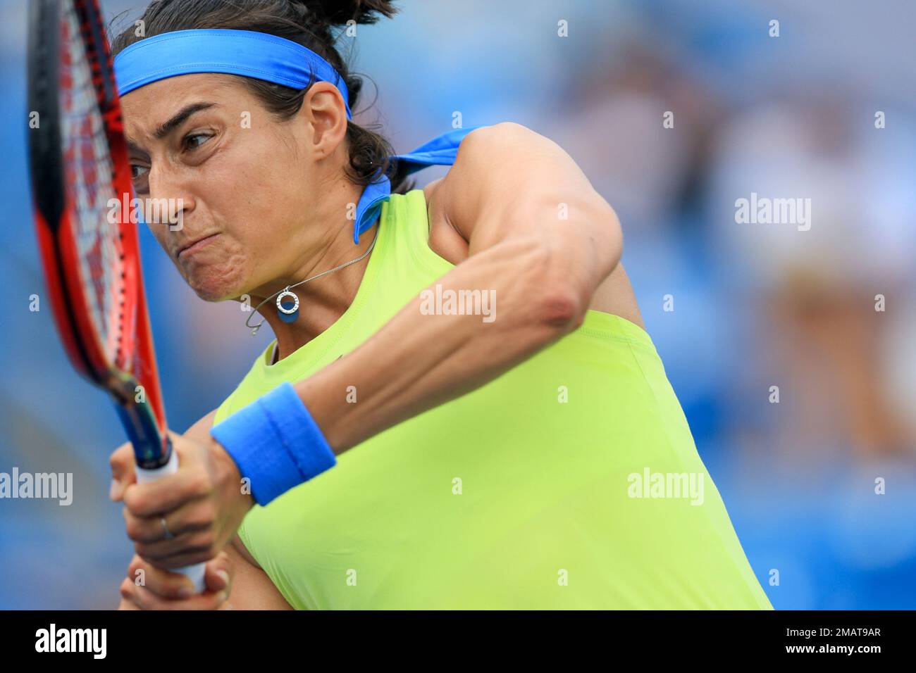 Caroline Garcia, of France, returns a shot to Aryna Sabalenka, of ...