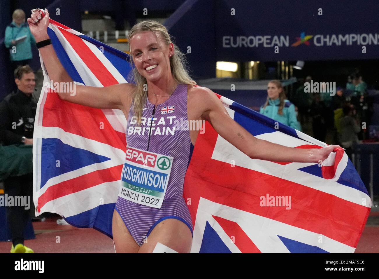 Keely Hodgkinson, of Great Britain, poses after winning the gold medal in the Women's 800 meters ...