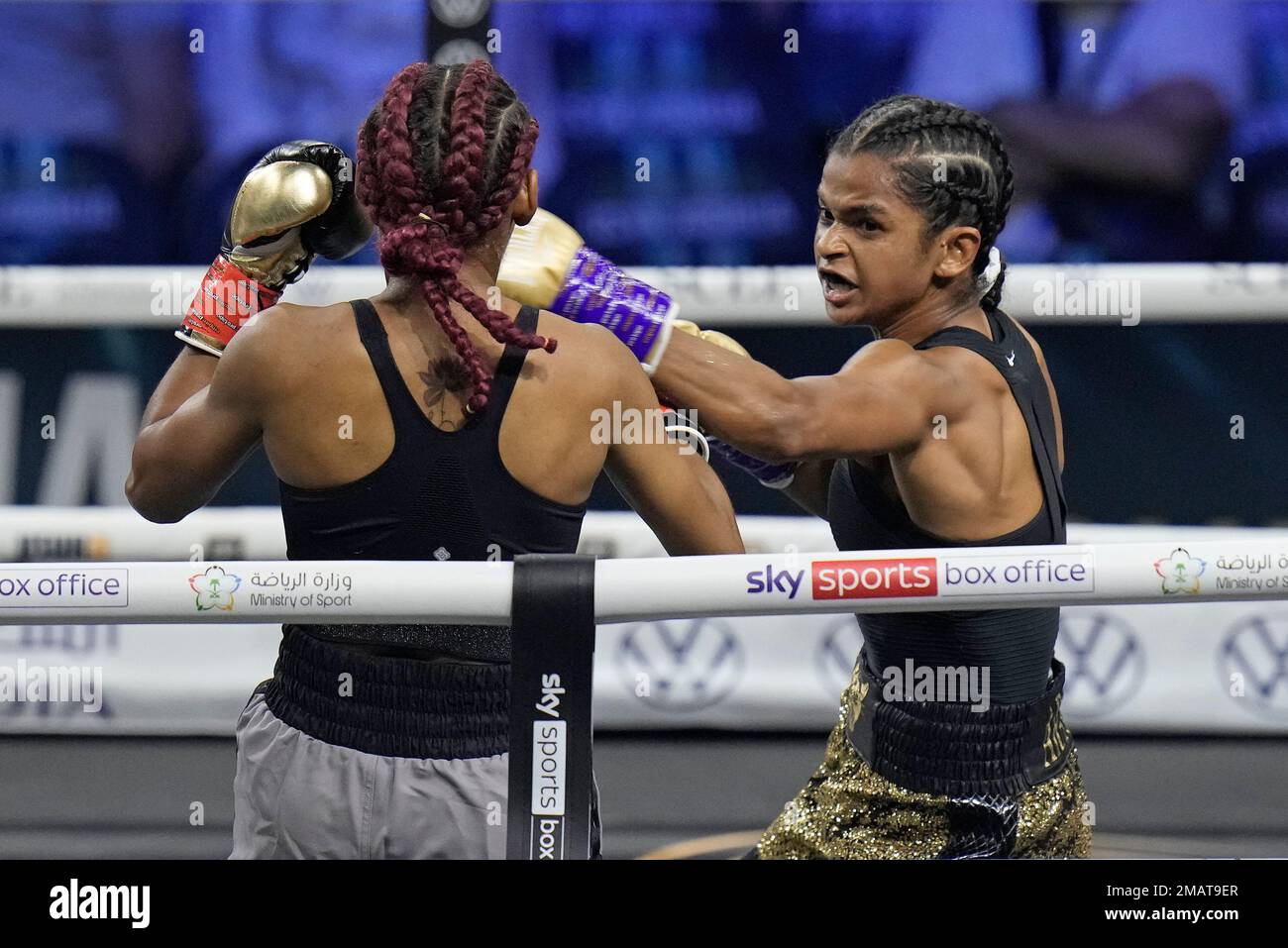 Boxer Ramla Ali, right, stops Crystal Garcia Nova of the Dominican ...