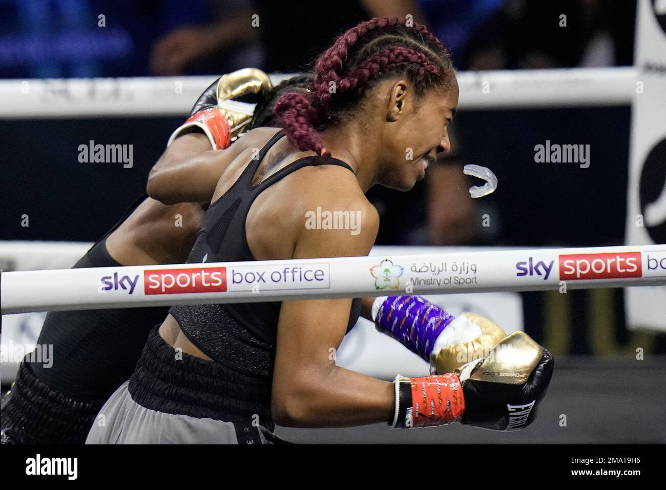 The gum shield flies out of the mouth of Crystal Garcia Nova of the ...
