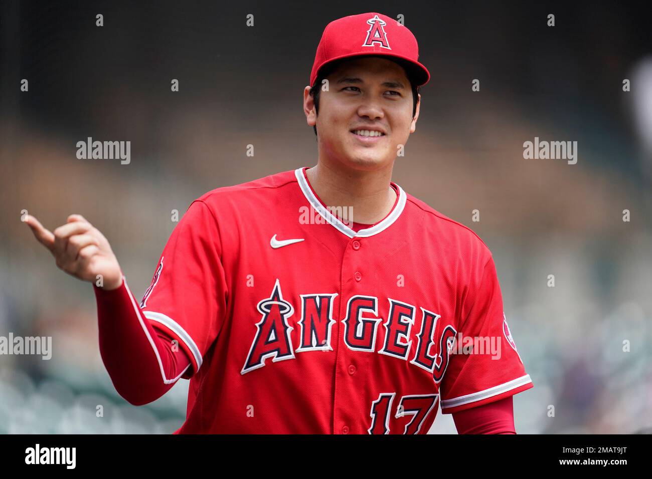 Los Angeles Angels pitcher Shohei Ohtani gestures before a baseball ...