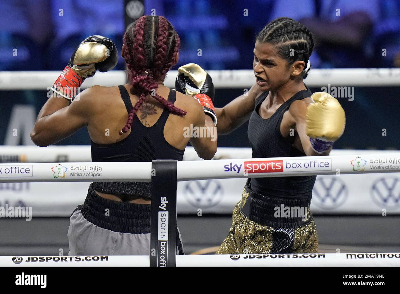 Boxer Ramla Ali, right, stops Crystal Garcia Nova of the Dominican ...