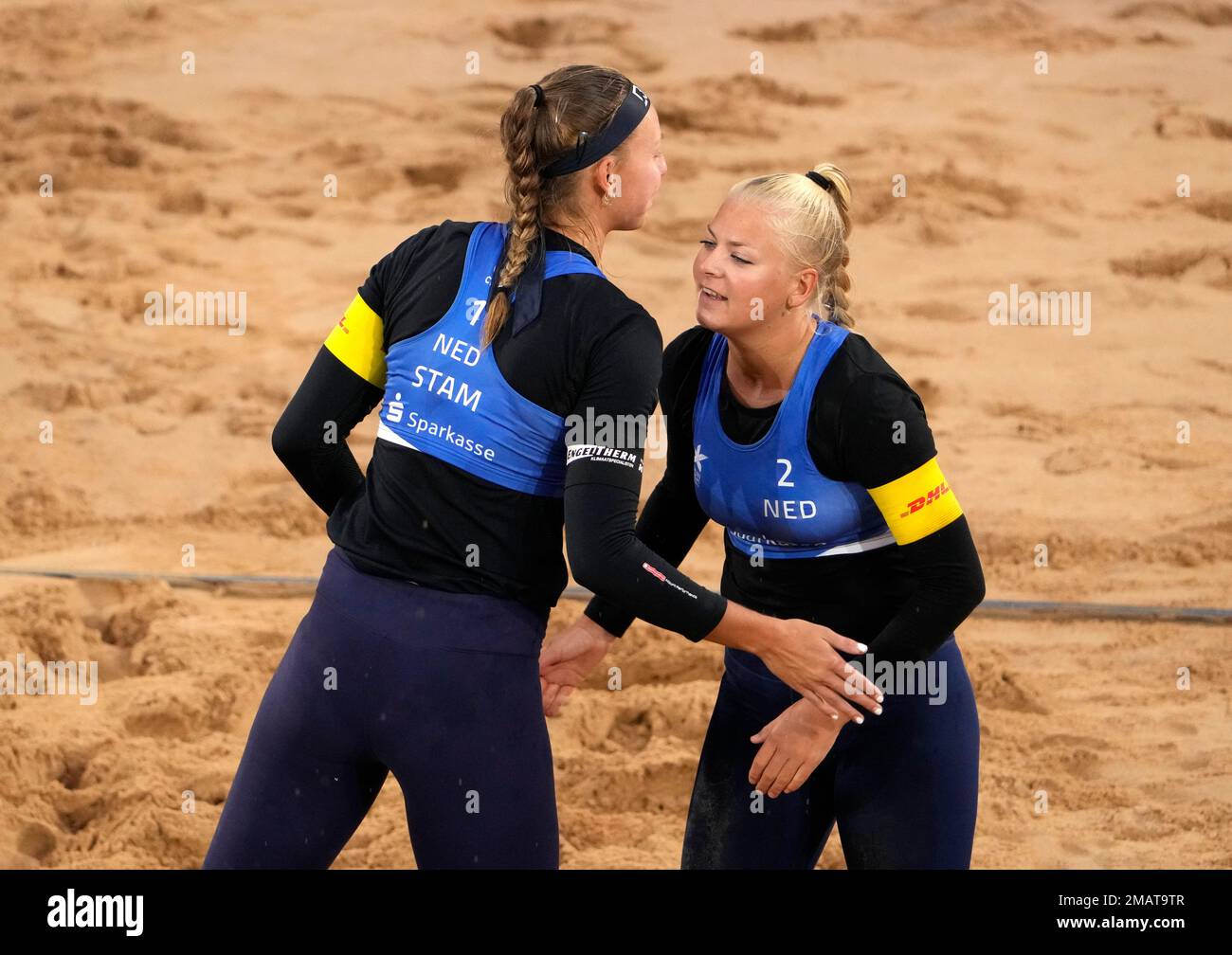 Katja Stam, left, and Raise Schoon of the Netherlands react during the ...