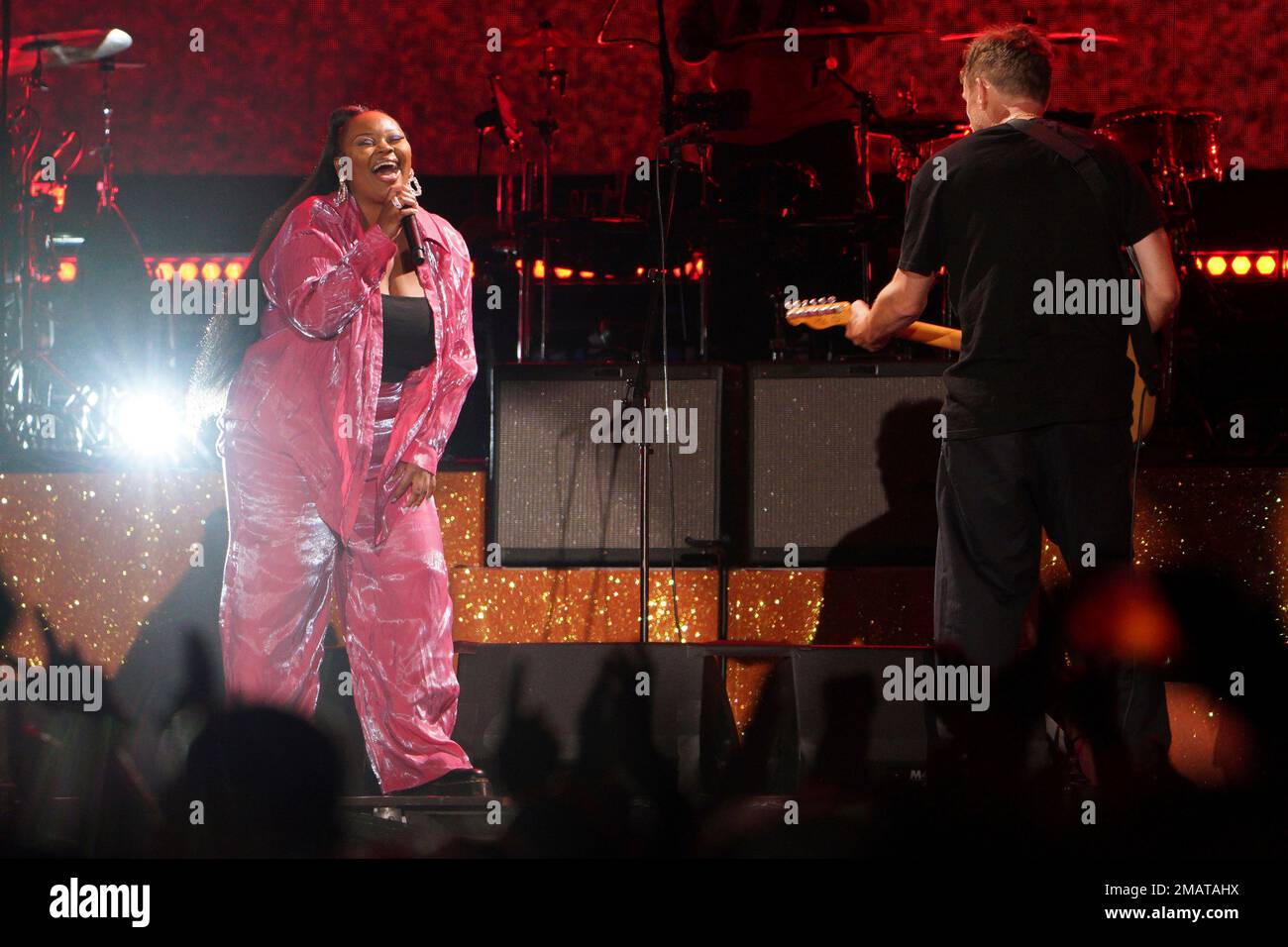 Michelle Ndegwa performs with Damon Albarn of Gorillaz on stage at All ...