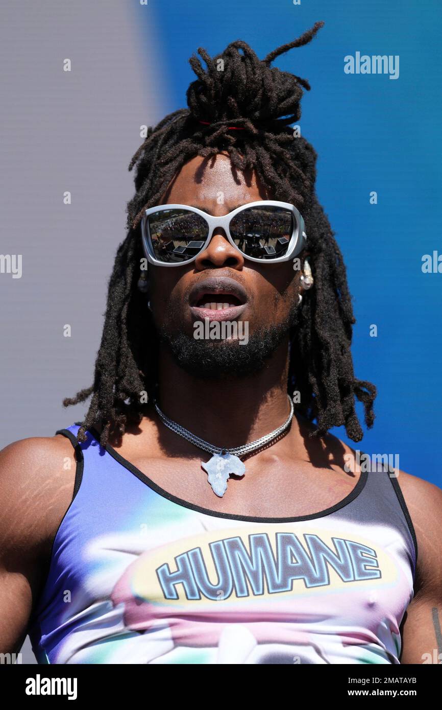 Obongjayar performs on stage at All Points East at Victoria Park in ...