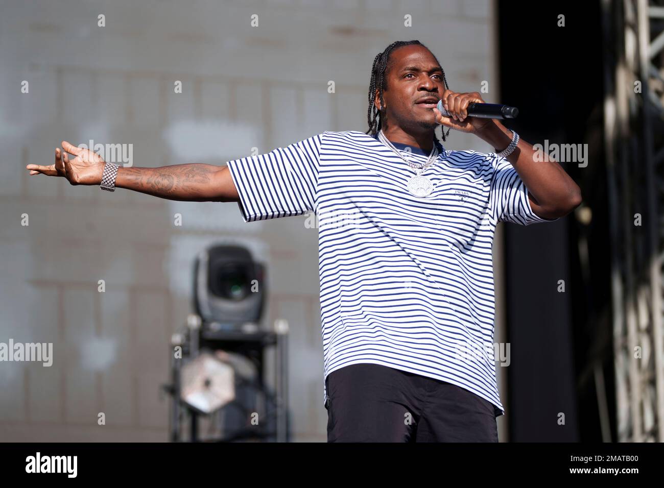 Pusha T performs on stage at All Points East at Victoria Park in London ...