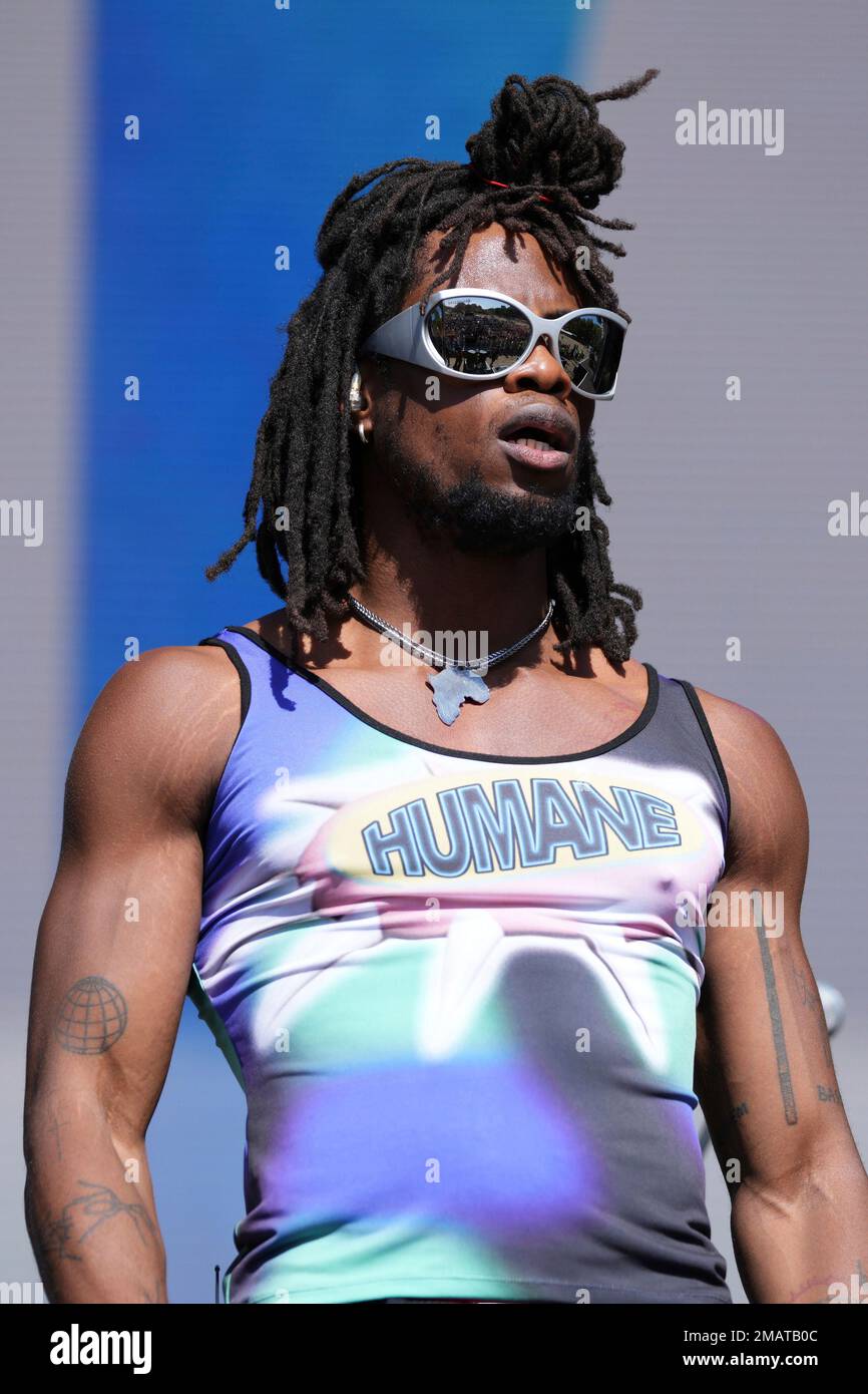 Obongjayar performs on stage at All Points East at Victoria Park in ...