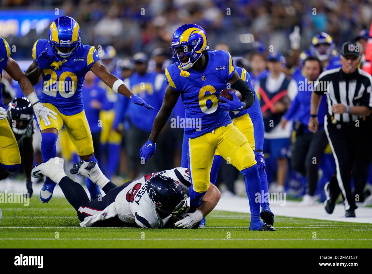 Los Angeles Rams cornerback Derion Kendrick (6) runs after recovering a ...