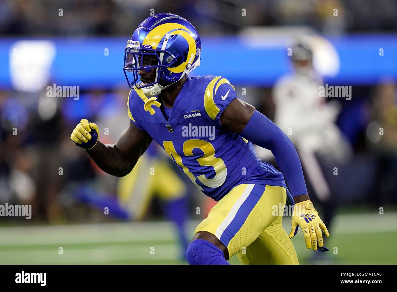 Los Angeles Rams safety Russ Yeast lines up during the first half of a ...