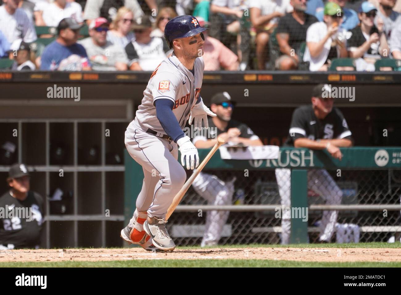 Houston Astros' Alex Bregman watches his hit in a baseball game against ...