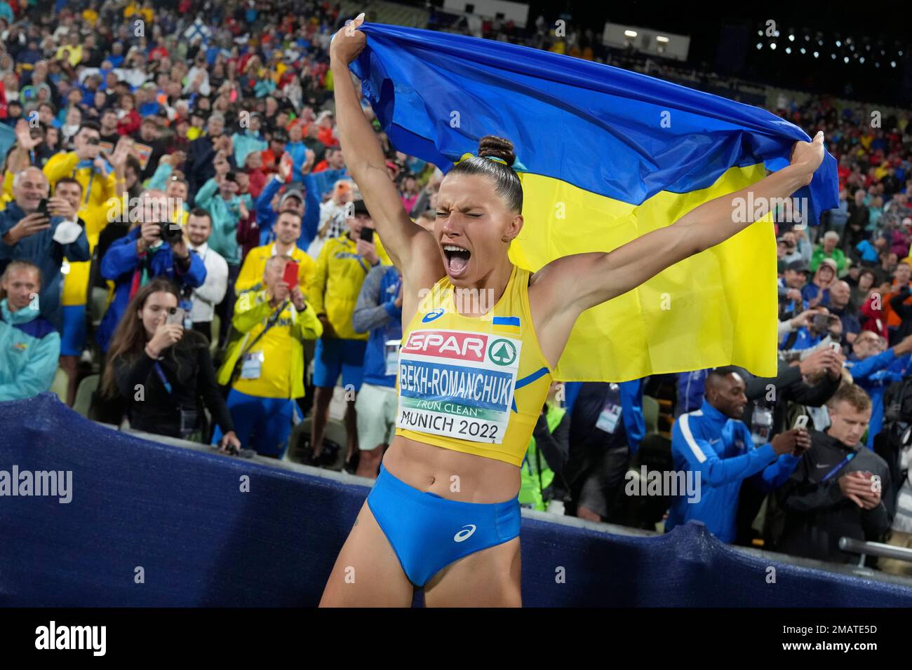 Maryna Bekh-Romanchuk, of Ukraine, celebrates after winning the gold ...