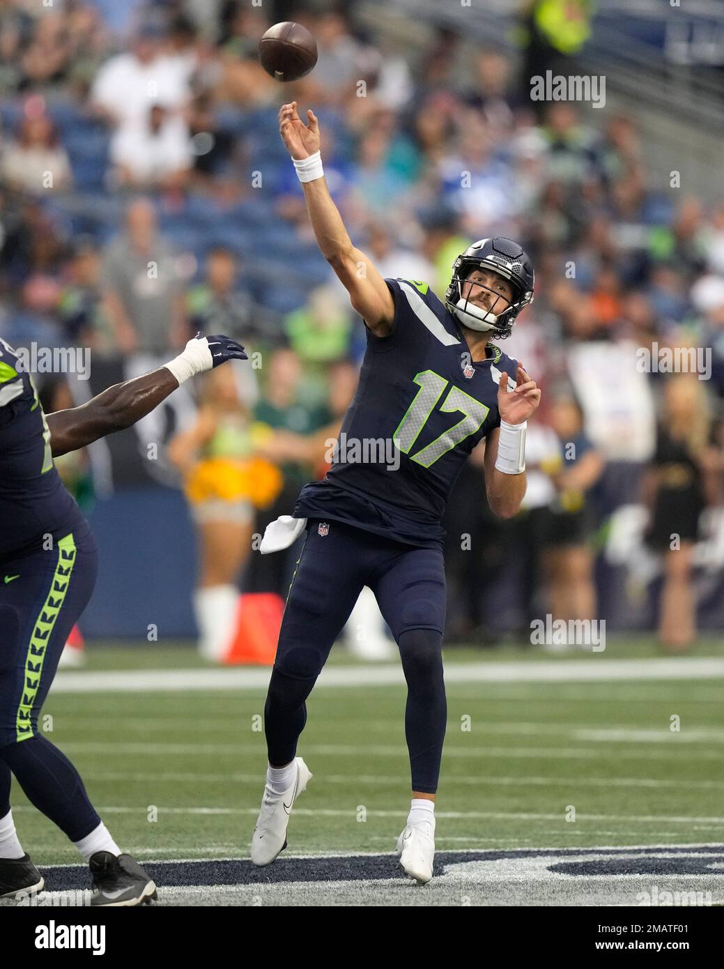 Seattle Seahawks quarterback Jacob Eason warms up before a preseason NFL football game against ...