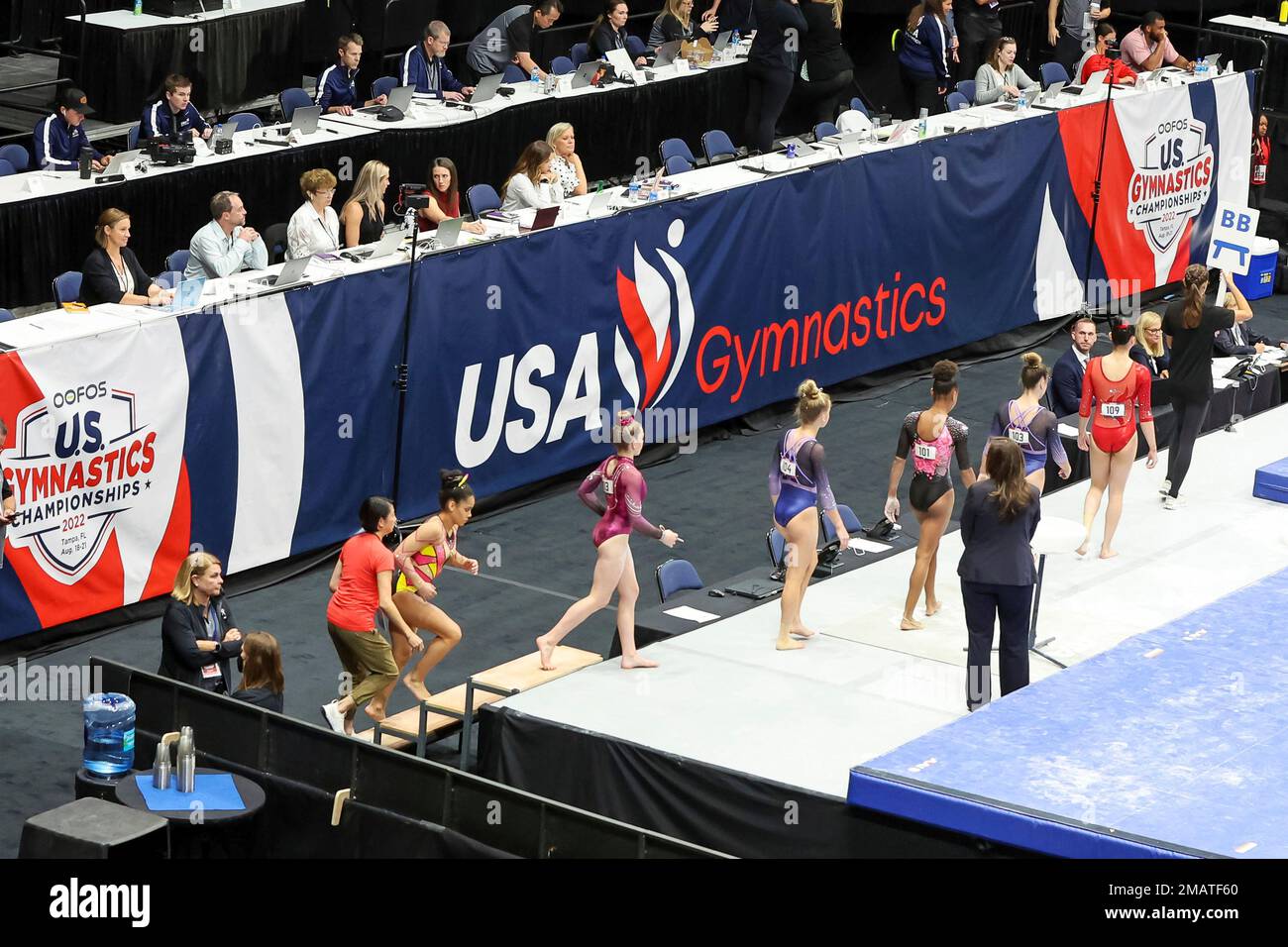 Signage showing the new USA Gymnastics logo is displayed during the ...