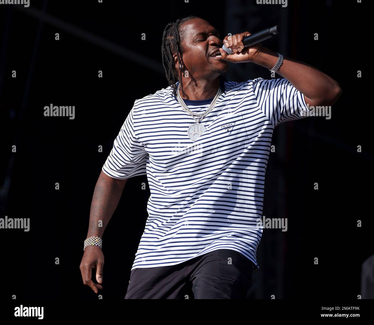 Pusha T performs on stage at All Points East at Victoria Park in London ...