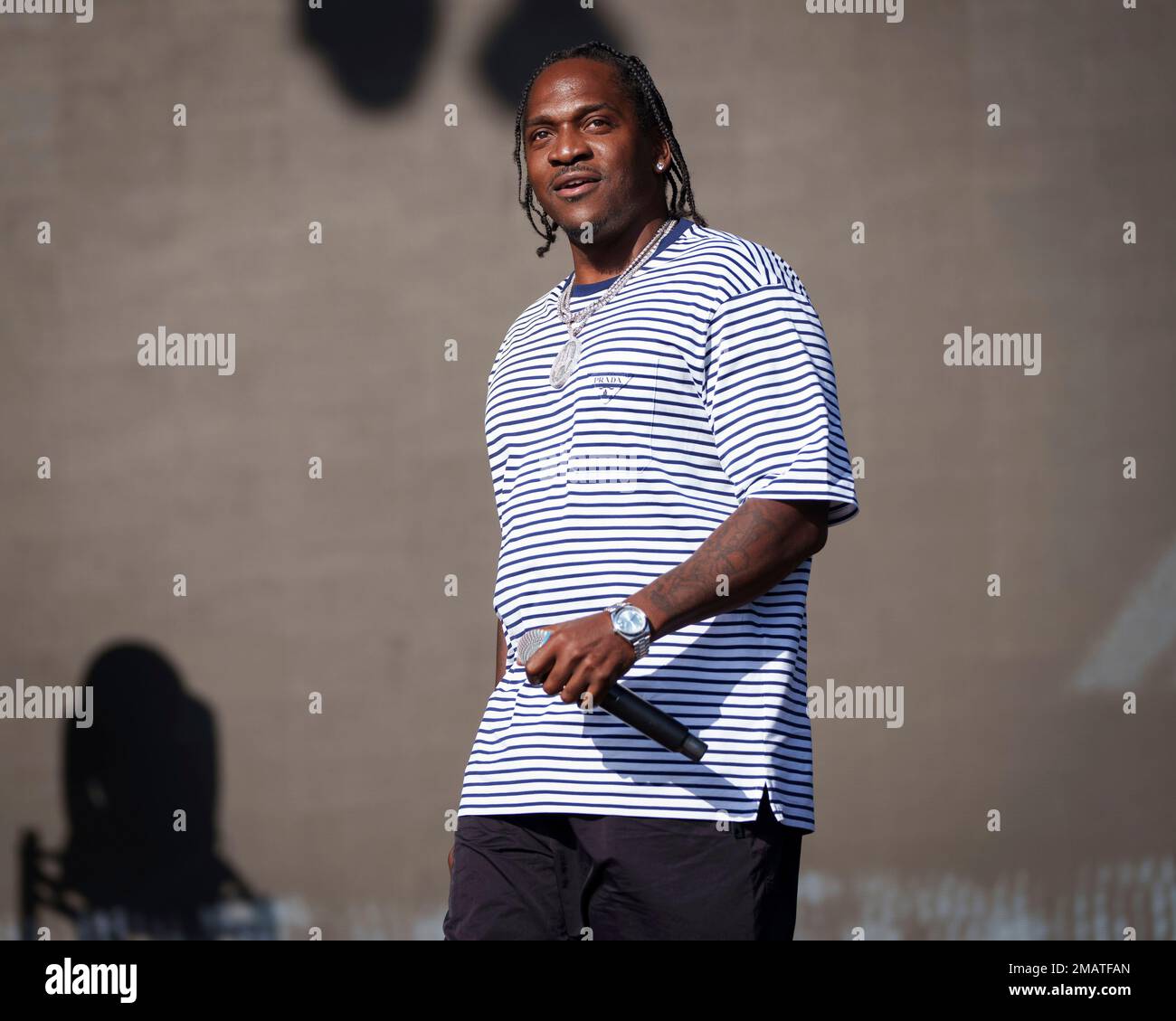 Pusha T performs on stage at All Points East at Victoria Park in London ...