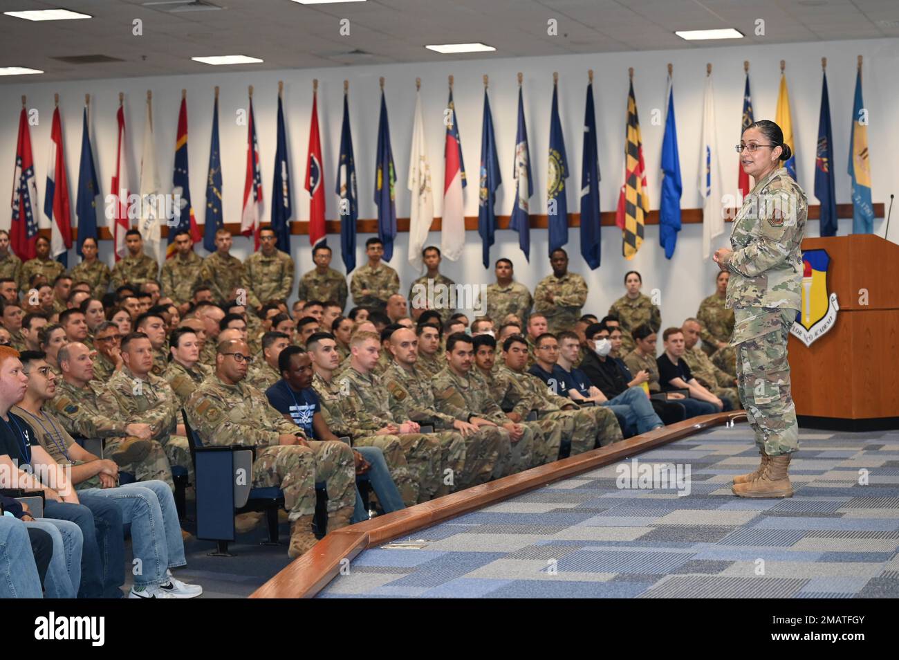 Chief Master Sgt. Cynthia Villa, 4th Air Force command chief, speaks to ...