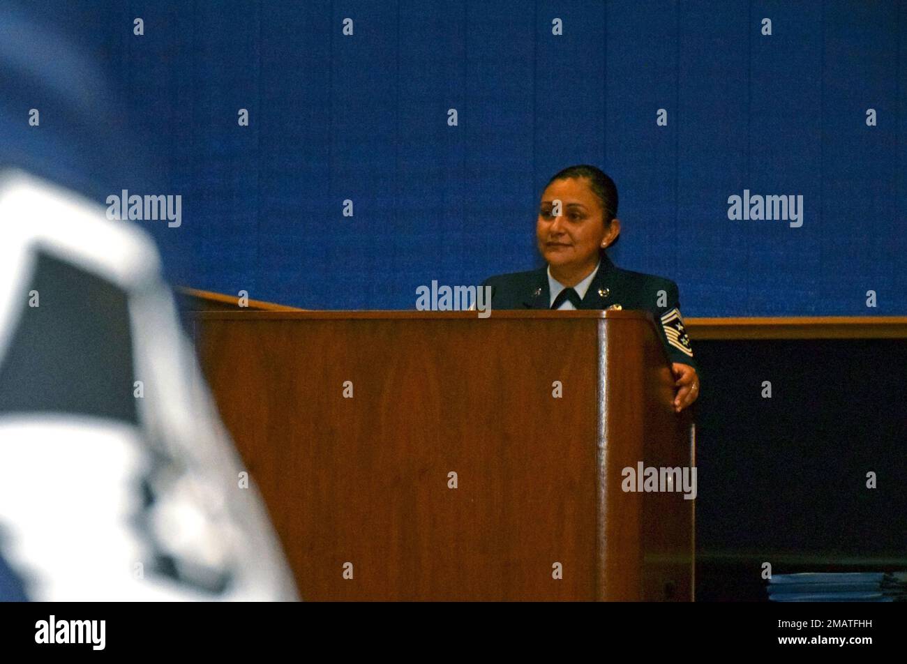 Chief Master Sgt. Cynthia Villa, 4th Air Force command chief, speaks to ...