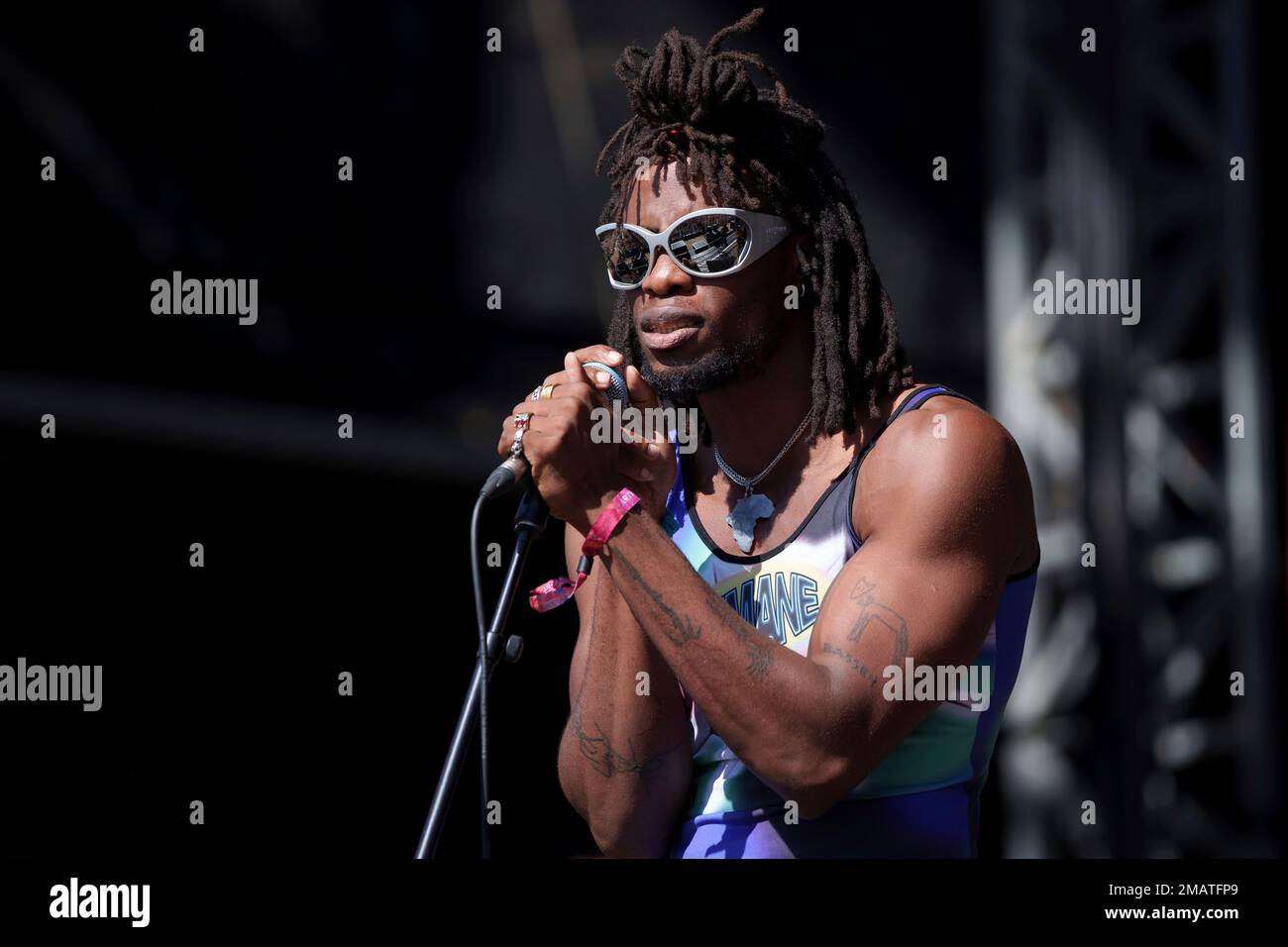 Obongjayar performs on stage at All Points East at Victoria Park in ...