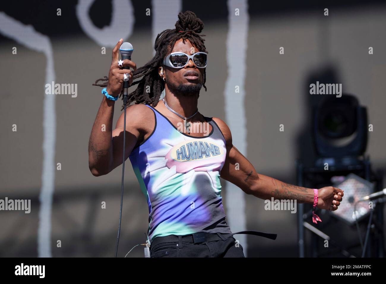 Obongjayar performs on stage at All Points East at Victoria Park in ...