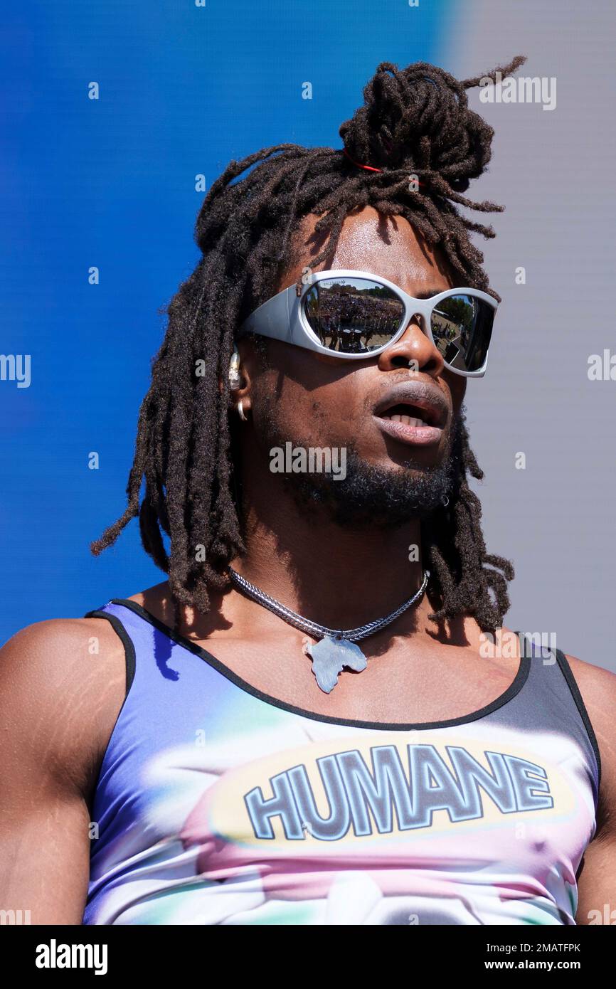 Obongjayar performs on stage at All Points East at Victoria Park in ...