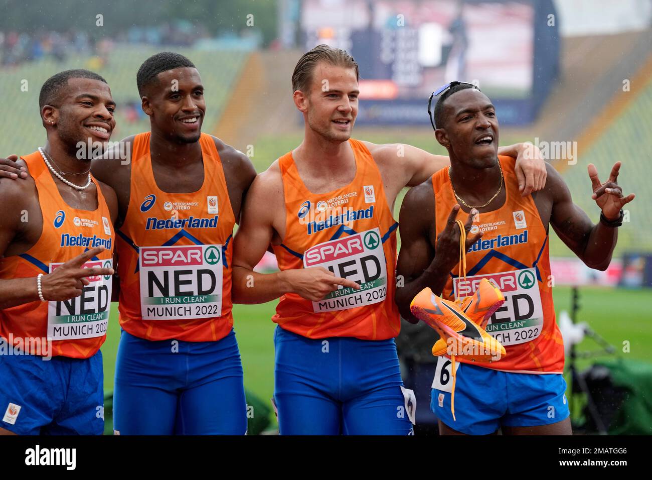 The team of the Netherlands pose after qualifying in their Men's 4x400 ...