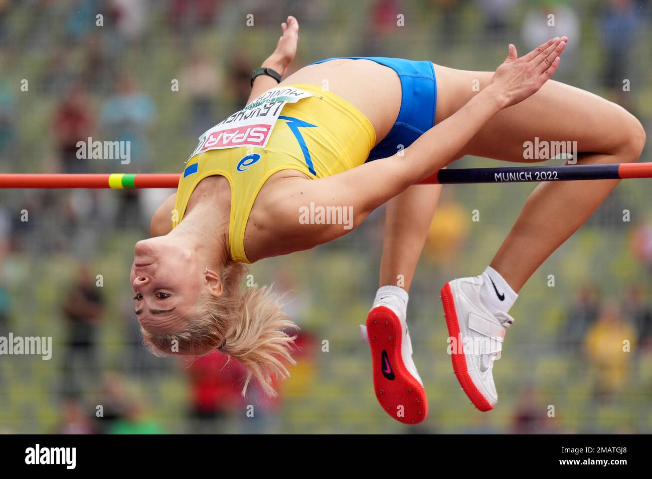 Yuliya Levchenko, of Ukraine, makes an attempt in the Women's high jump ...