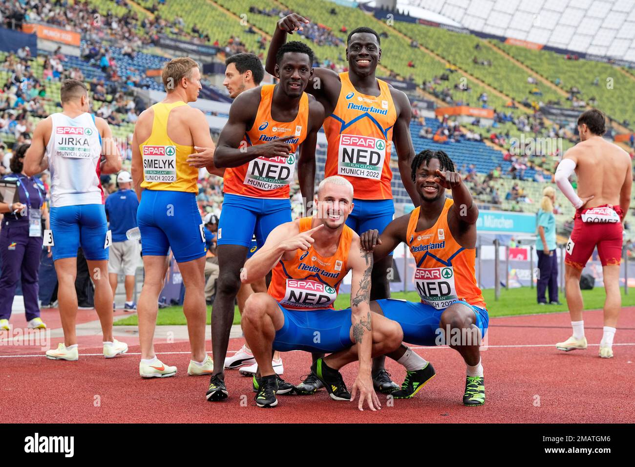The team of the Netherlands pose after finishing second in their Men's ...