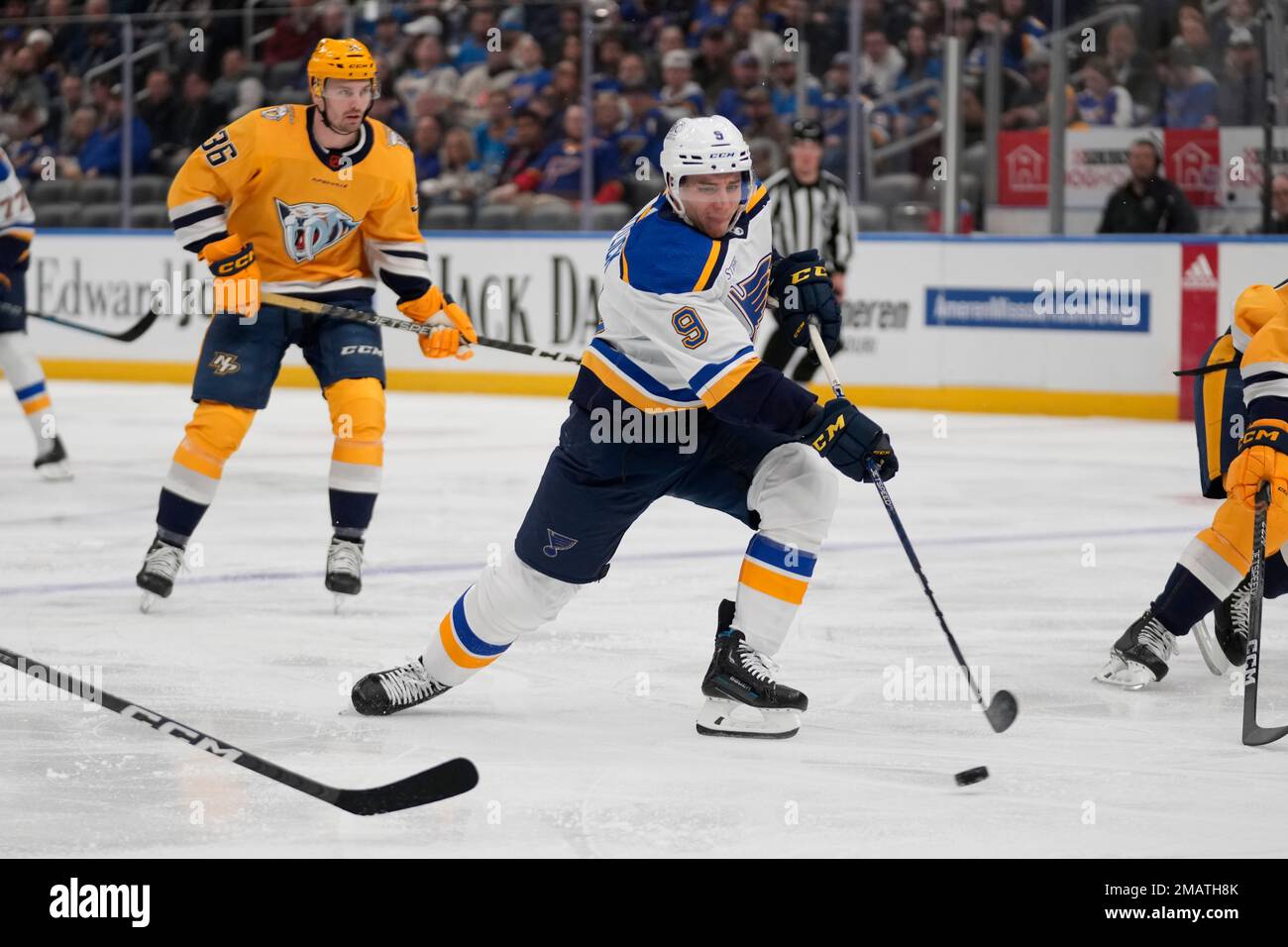 St. Louis Blues' Tyler Pitlick shoots during the second period of an ...
