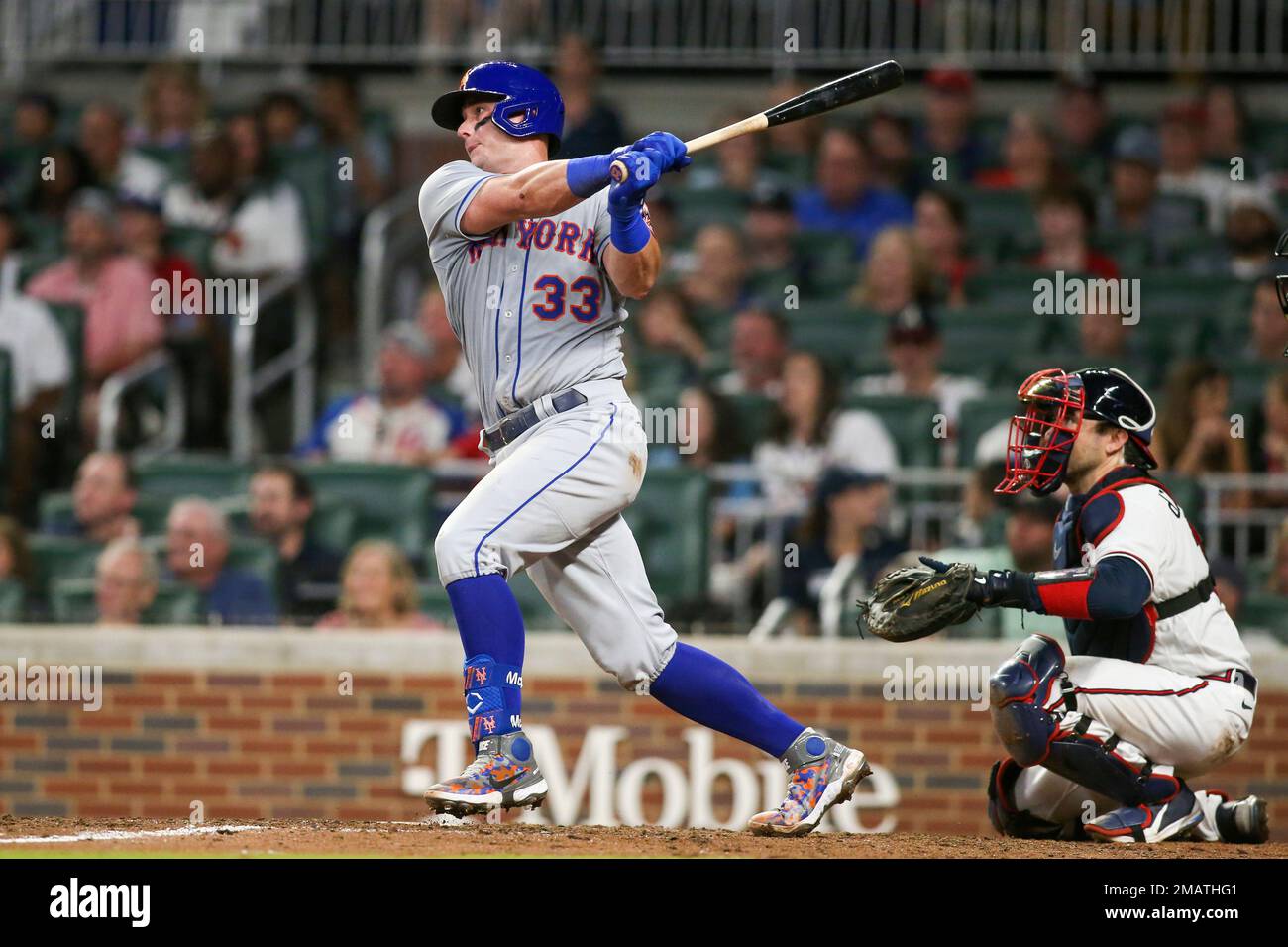 New York Mets' James McCann watches his double in the eighth inning of ...