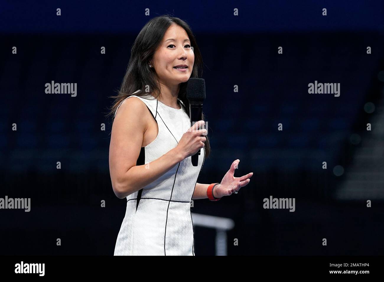 Li Li Leung, President and CEO of USA Gymnastics, speaks to the fans ...