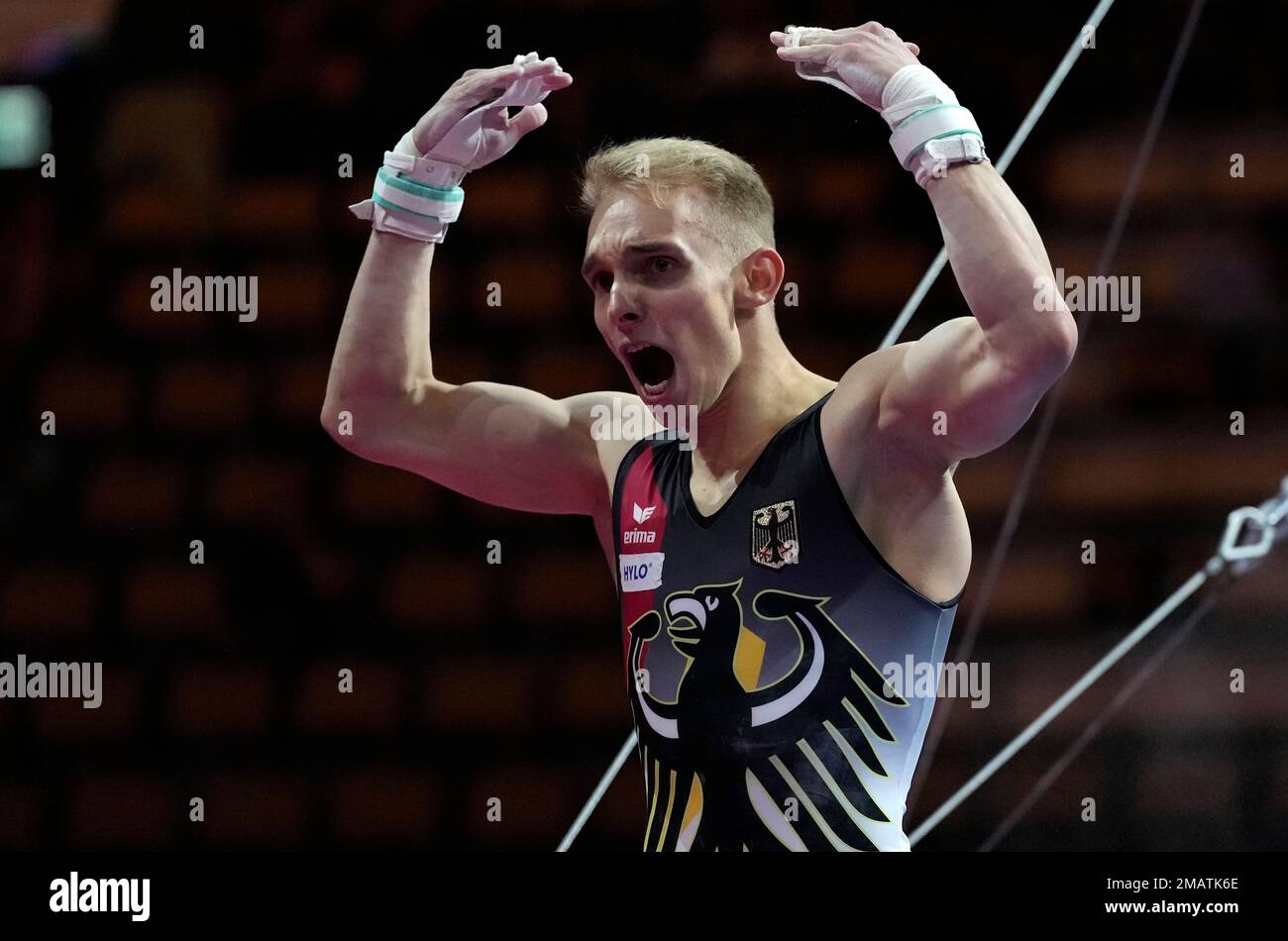 Germany's Lukas Kochan reacts during the Men's All-Around Final at the ...