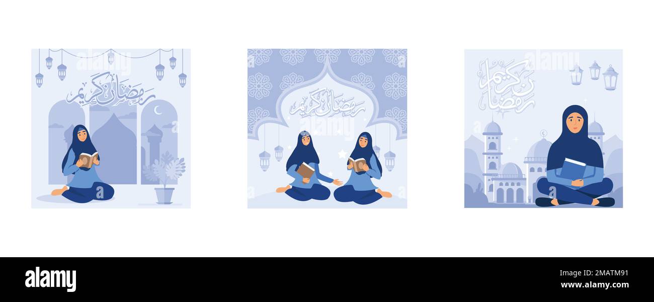Reading the holy Quran flat design concept, Women reading the Quran in ...