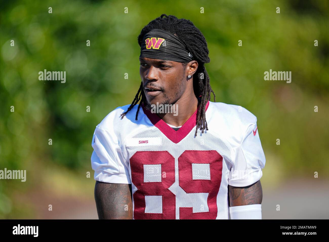 Washington Commanders wide receiver Cam Sims (89) arrives for practice ...