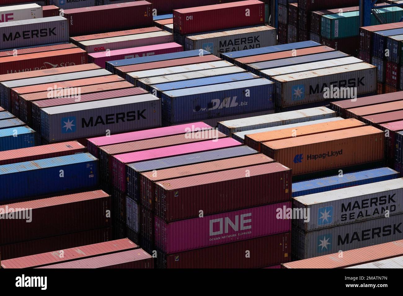 Containers are stacked at the Manzanillo International Terminal port in ...