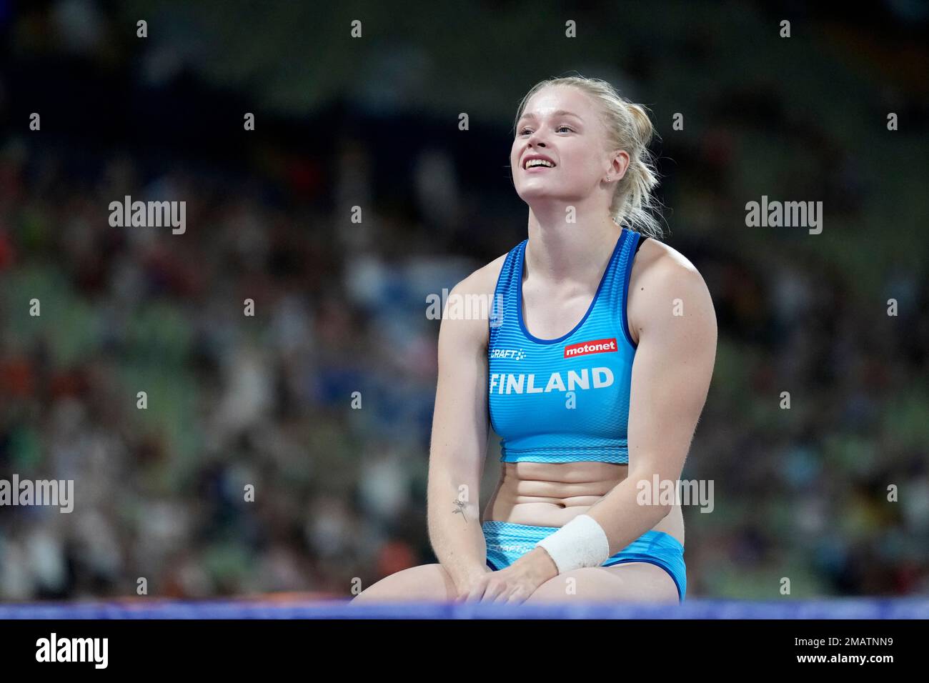 Wilma Murto, of Finland, reacts after an attempt in the Women's pole ...
