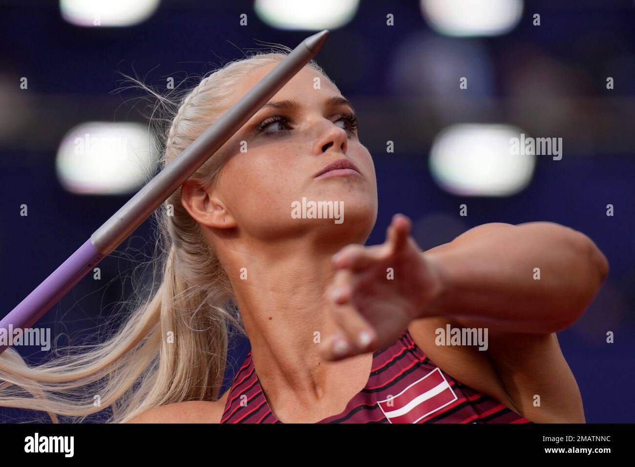 Lina Muze, of Latvia, makes an attempt in the Women's javelin throw ...