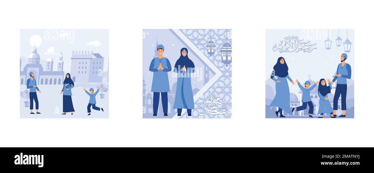 Set bundle of Ramadhan concept, Happy Muslim people celebrate Holy ...