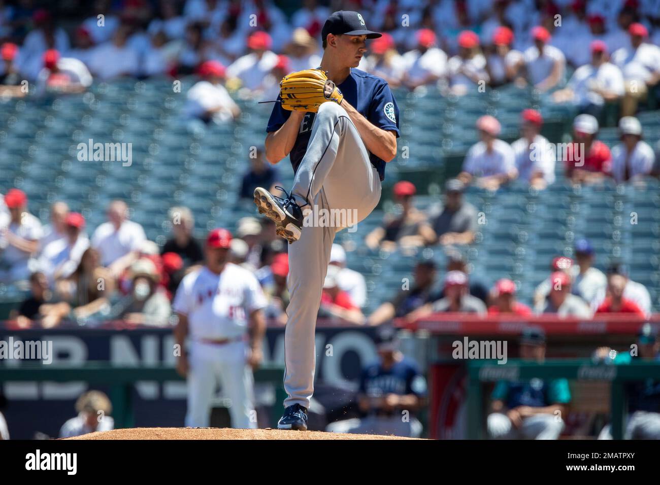 Seattle Mariners starting pitcher George Kirby winds up to throw to a ...