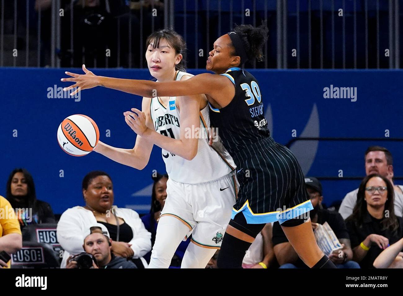 Chicago Sky forward Azura Stevens, right, guards New York Liberty ...