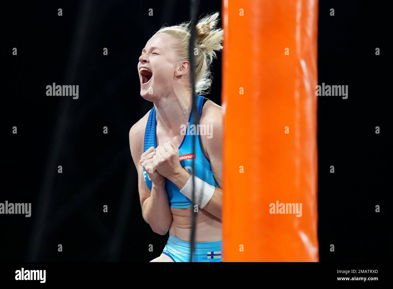 Wilma Murto, of Finland, reacts after an attempt in the Women's pole ...