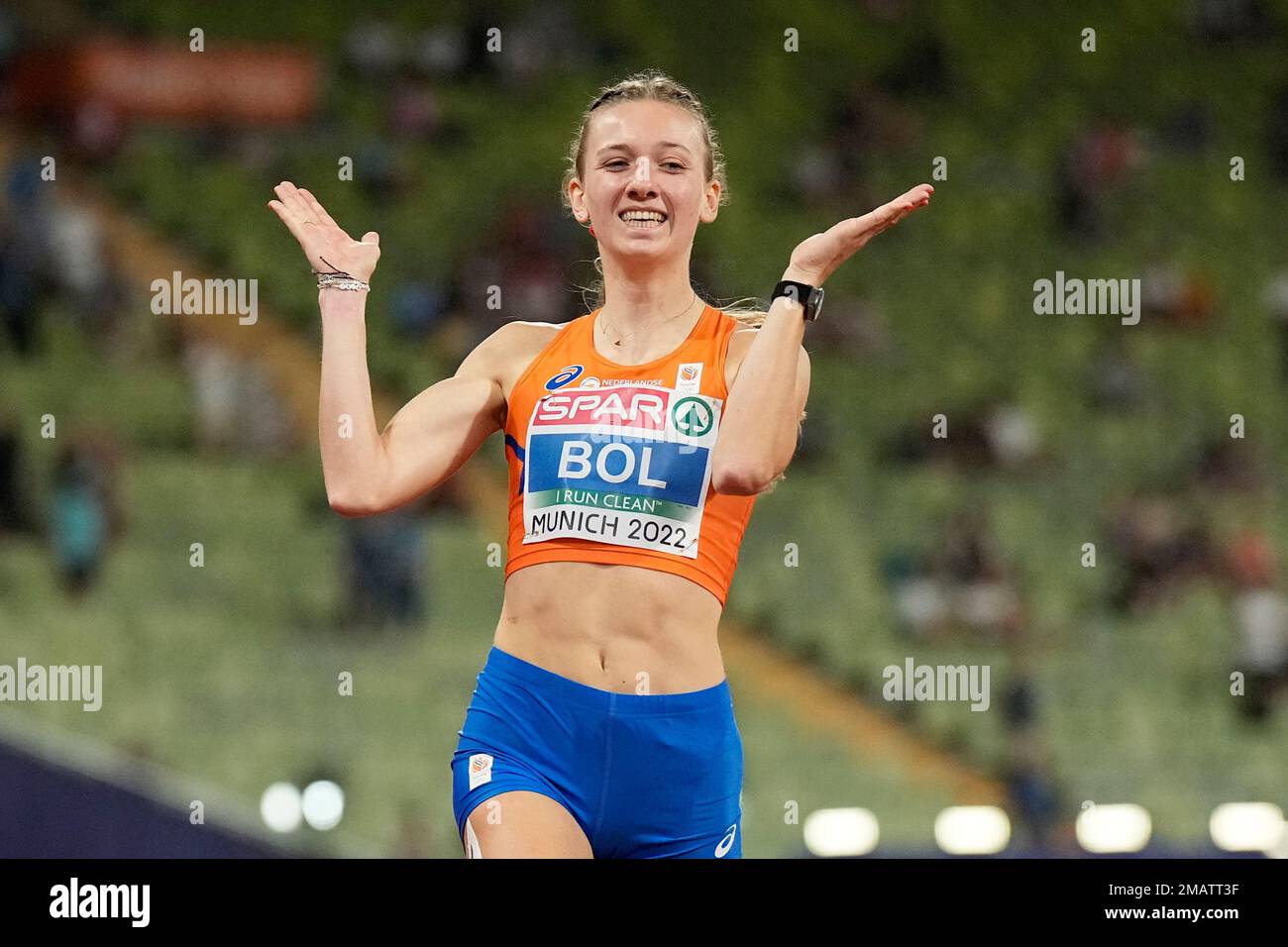 Femke Bol, of the Netherlands, reacts after winning the gold medal in ...