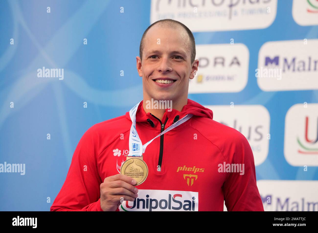 Jose Gabriel Loper of Portugal holds the bronze medal on the podium of ...